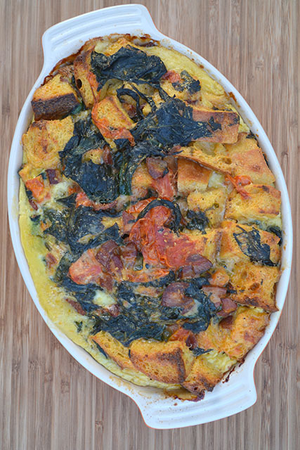 Cheesy, Bacon, Tomato, and Spinach Strata - I am a Honey Bee